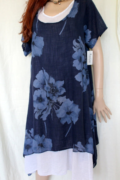 Womens Italian Linen Floral Over-Tunic with Long White Linen Slip Dres ...